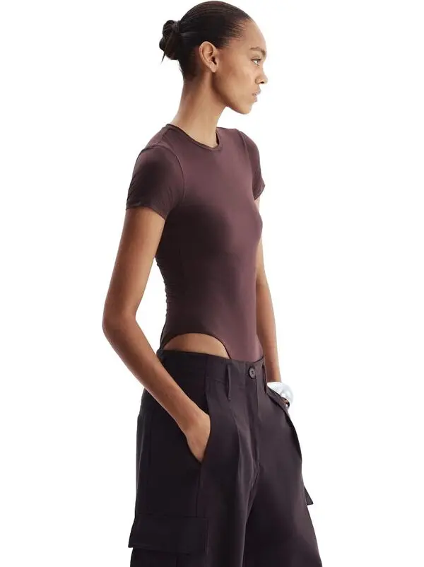 H&m Short-sleeved Microfiber Bodysuit - Dark Brown