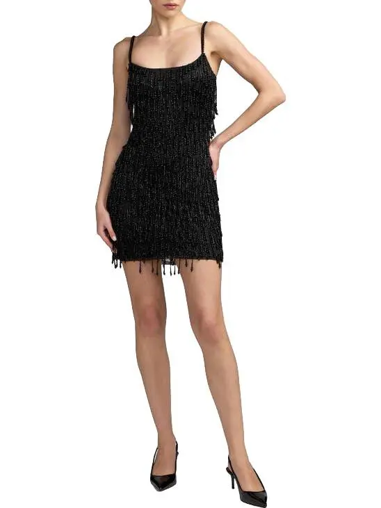Mac Duggal Beaded Fringe Mini Dress With Spaghetti Straps - Black