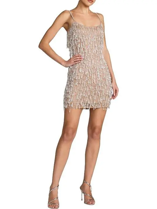 Mac Duggal Beaded Fringe Mini Dress With Spaghetti Straps - Ivory Nude