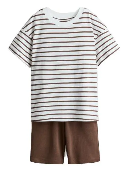 H&m 2-piece T-shirt And Shorts Set - Brown/striped