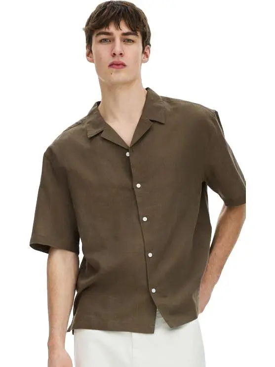 H&m Relaxed-fit Linen-blend Resort Shirt - Dark Khaki Green