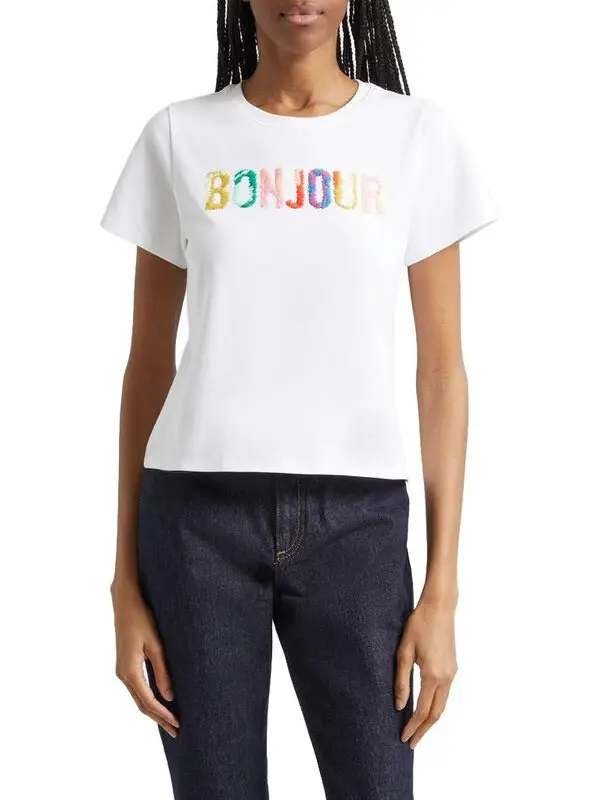 Cinq À Sept Bonjour Scribble Embroidered Shrunken Tee - White Multi