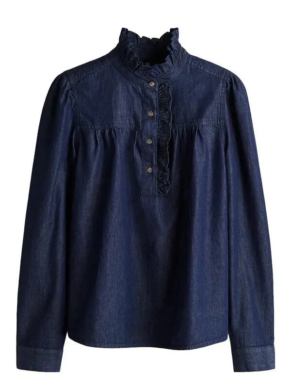 H&m Frill-collared Denim Blouse - Dark Denim Blue