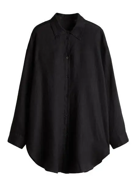 H&m Linen Loose-fit Shirt With Button Front - Black