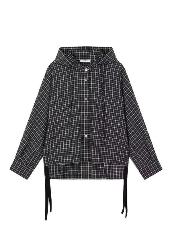 STUDIO TOMBOY Check-pattern Hooded Shirt With Drawstring And Tie-fastening Side Slits - Black