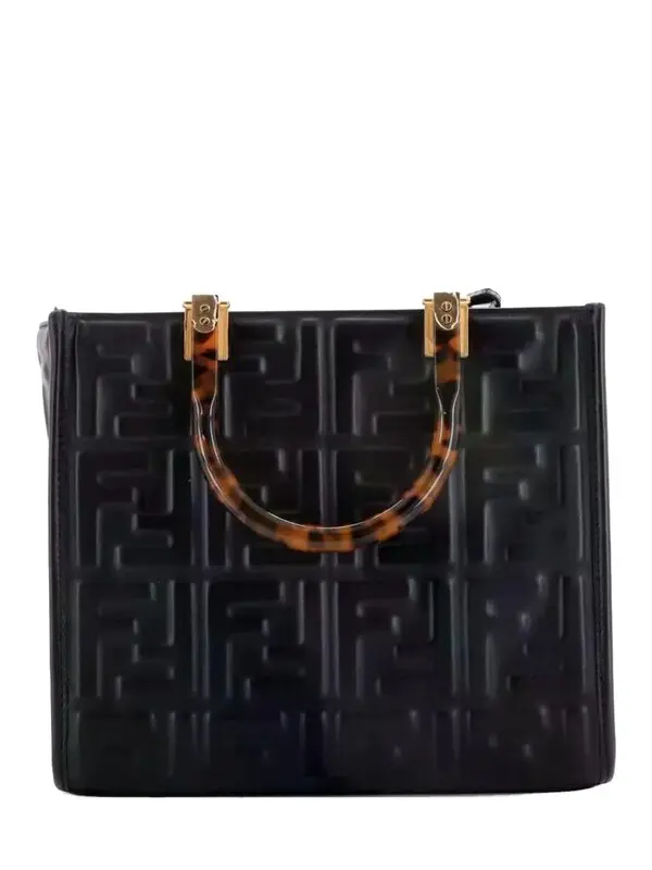 Fendi Sunshine Shopper Tote Zucca Embossed Leather Small Shoulder Bag - Black