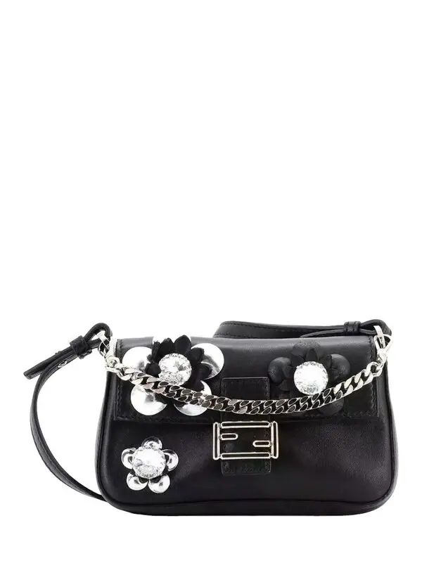 Fendi Embellished Leather Micro Baguette Bag - Black
