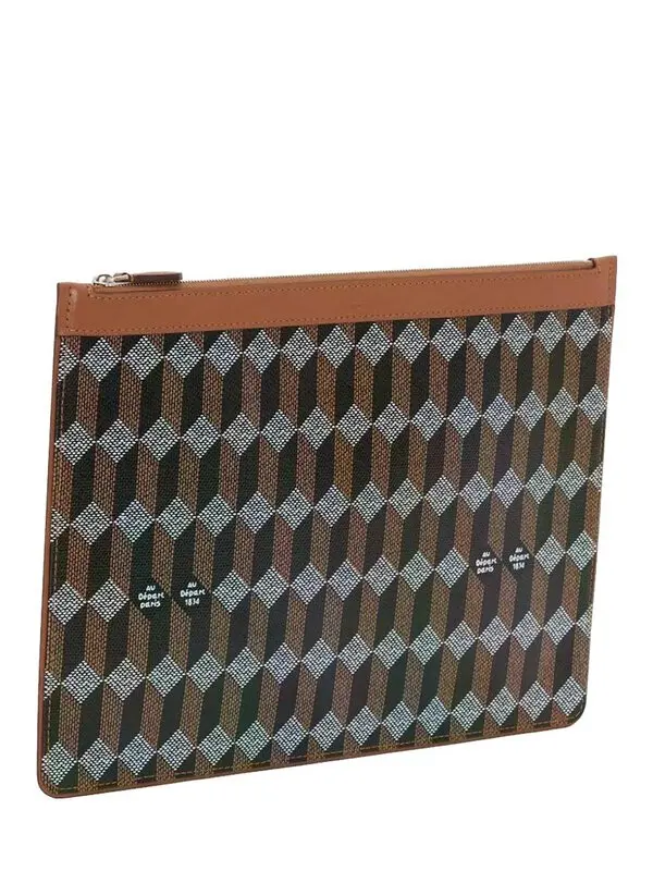 AU DEPART Geometric Print Leather Trim Clutch Bag - Brown