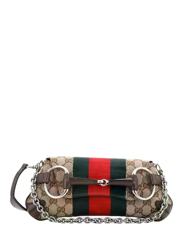 Gucci Horsebit Nm Web Chain Clutch Gg Canvas Small Shoulder Bag - Brown