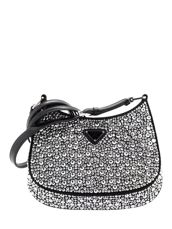 Prada Crystal Embellished Satin Small Shoulder Bag - Black