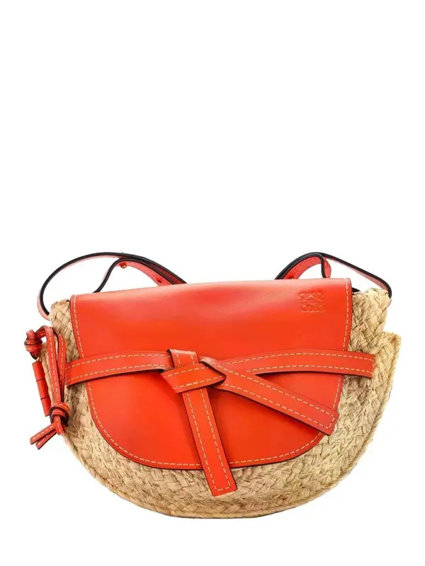 Loewe Gate Leather With Raffia Small Shoulder Bag - Neutrals