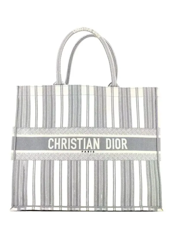 Dior Book Bayadere Stripe Embroidered Canvas Large Tote Bag - Grey