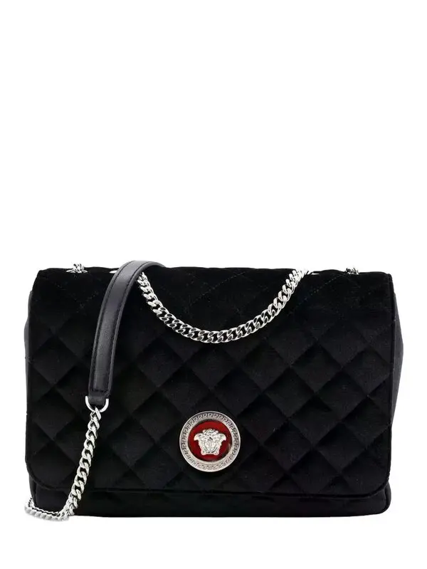 Versace Medusa Icon Chain Flap Quilted Satin Medium Shoulder Bag - Black