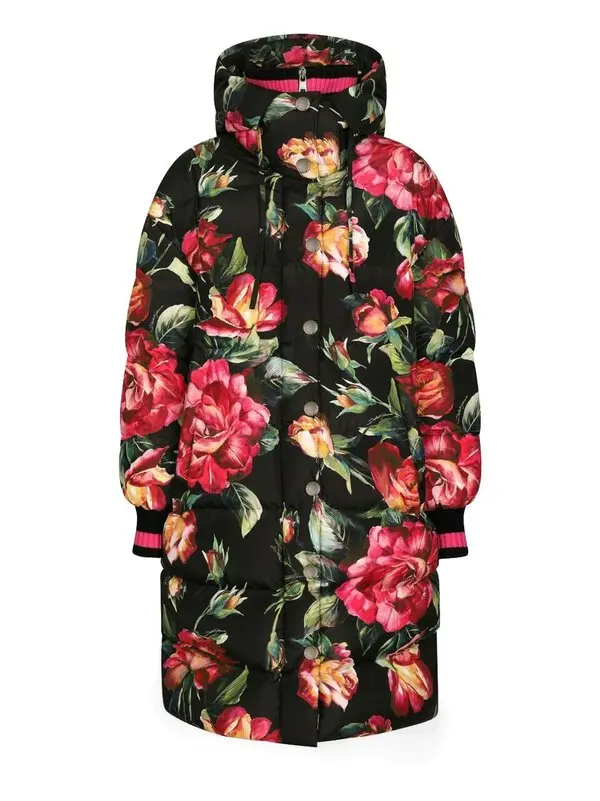 Dolce & Gabbana Floral Print Padded Long Down Jacket - Black