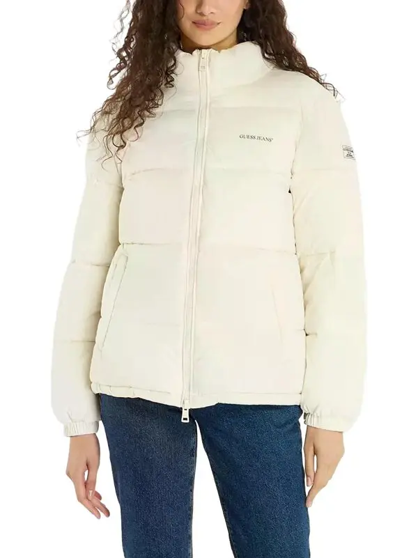 Guess Quilted Puffer Jacket With High Neck And Drawstring Hem - Neutrals