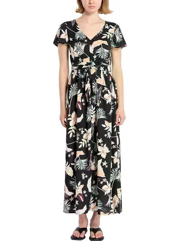 Roxy Floral Print Maxi Dress With Tie Waist - Black