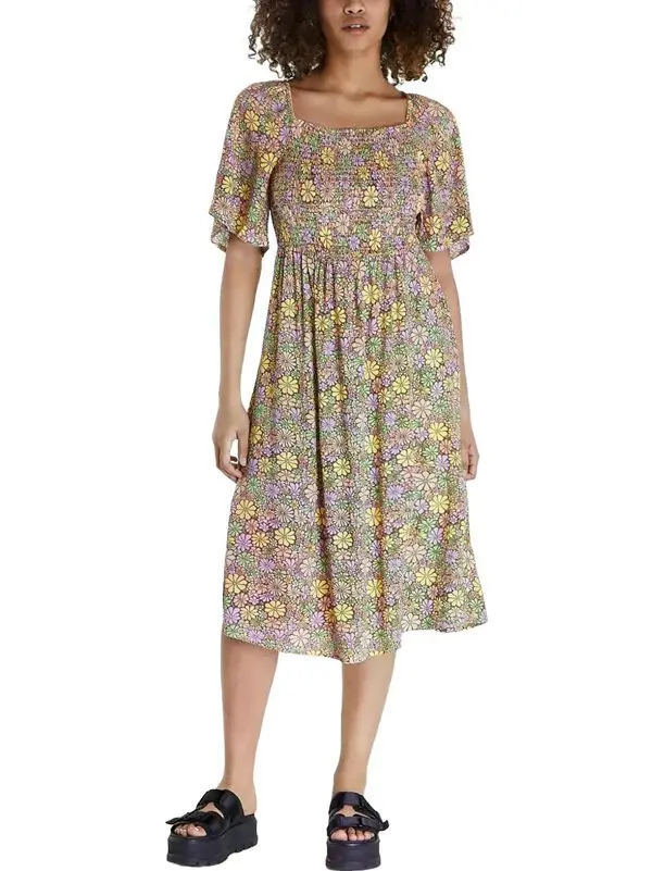 Roxy Floral Print Square Neck Flared Sleeve Dress - Neutrals