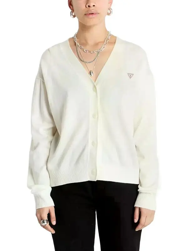 Guess V-neck Button-up Cardigan With Logo Patch - White