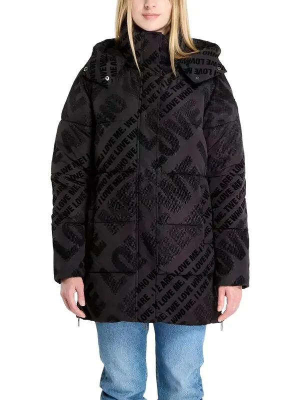 Desigual Long-sleeve Padded Coat With Slogan Print And Detachable Hood - Black