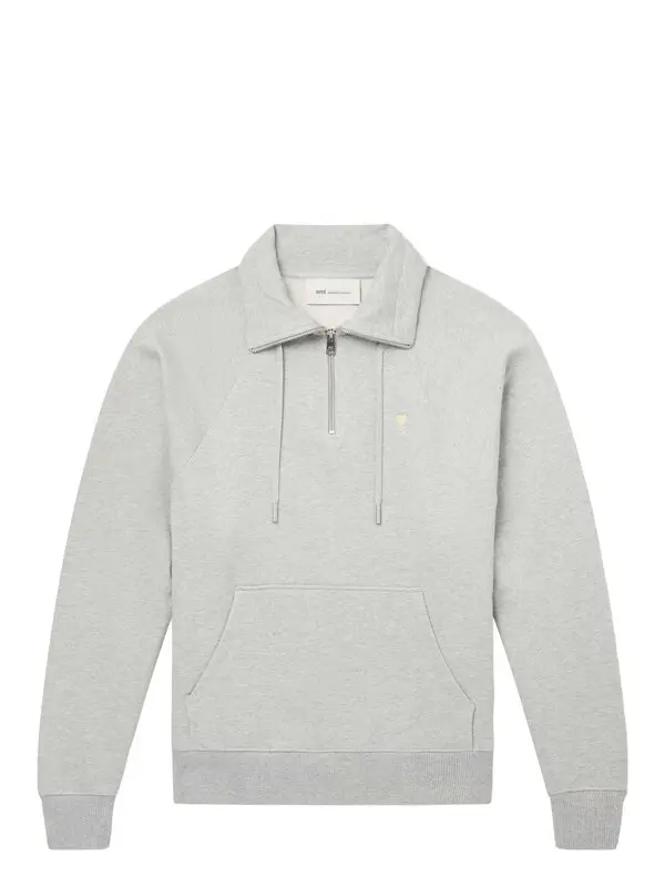 Ami Logo-embroidered Half-zip Sweater - Gray