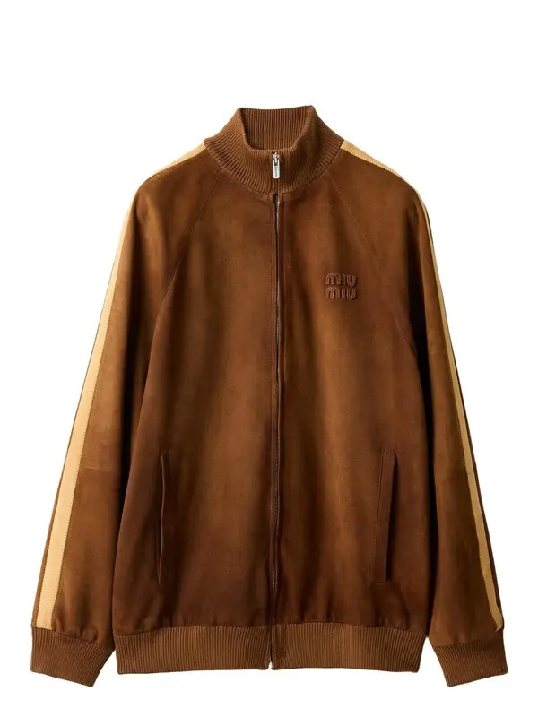 Miu Miu Waxed Suede Jacket With Ribbed Details - Cognac