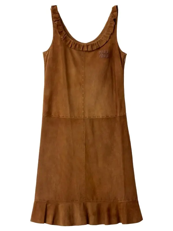 Miu Miu Waxed Suede Dress With Ruffled Neckline And Hem - Cognac