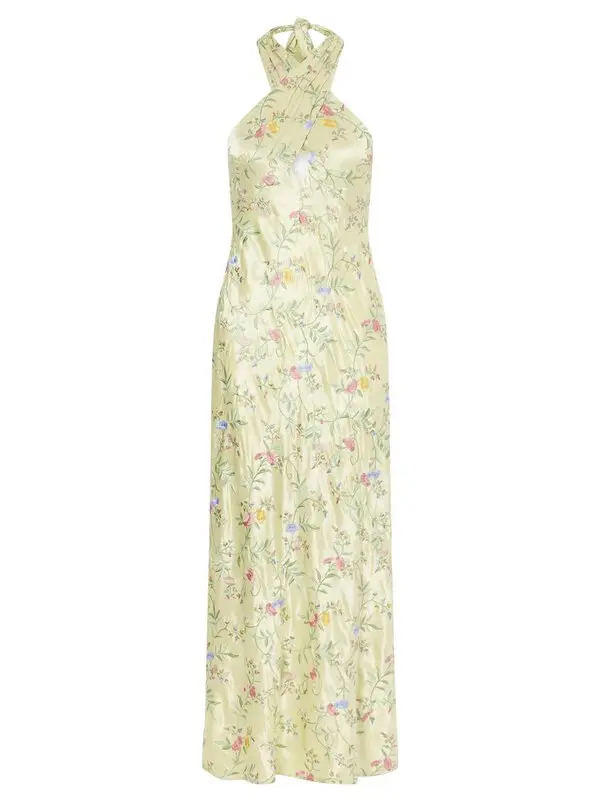 Rixo Dune Floral-embroidered Satin Maxi Dress - Green