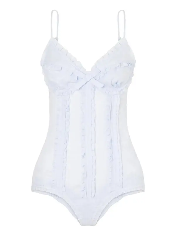 SHUSHU/TONG Bow-embellished Ruched Linen Bustier Bodysuit - Blue