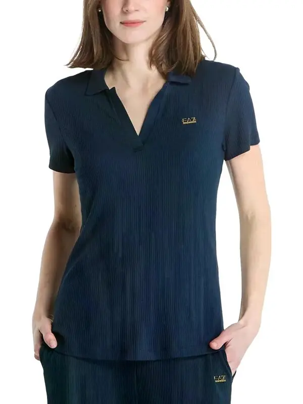 EA7 Ribbed-knit V-neck Polo Shirt - Blue