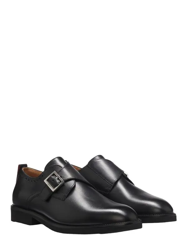 Hugo Leather Monk Strap Shoes With Brogue Detailing - Black