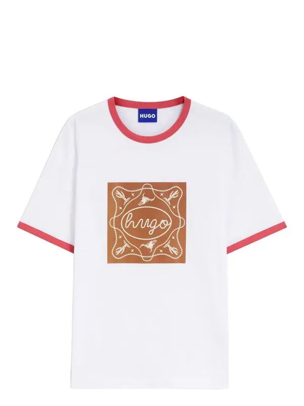 Hugo Sharp-fit Ringer T-shirt In Cotton With Graphic Print - White
