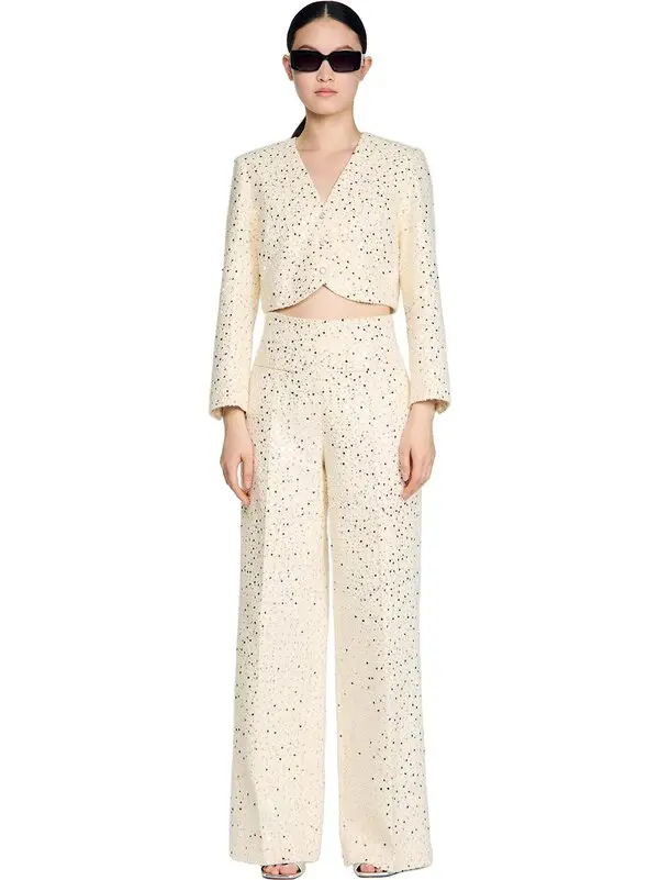 Sandro Geometric Sequin Wide-leg Trousers - Ecru