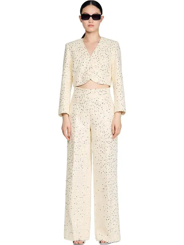 Sandro Geometric Sequin Wide-leg Trousers - Ecru