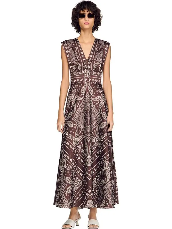 Sandro Bandana-print V-neck Maxi Dress - Taupe / White