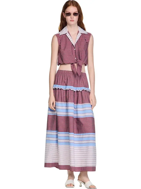 Sandro Sleeveless Striped Cotton Shirt With Front Tie Detail - Burgundy / White