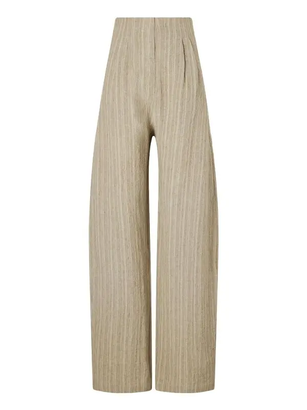 CORTANA Camila Pleated Striped Linen Wide-leg Pants - Green