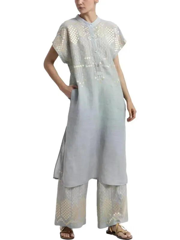 Greek Archaic Kori Embroidered Mandarin-collar Dress - Grey