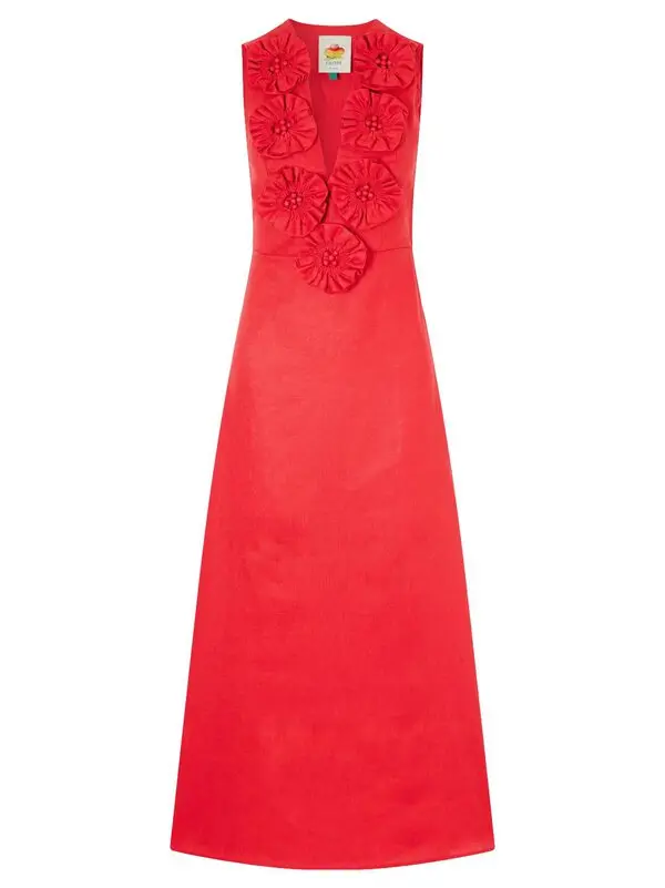 Farm Rio Floral Appliqué Linen Midi Dress - Red