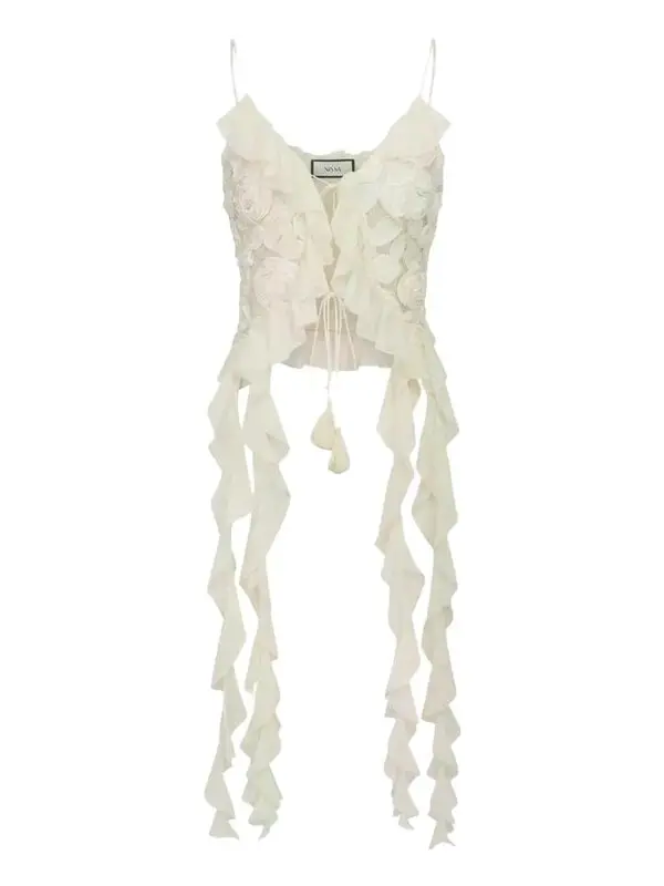 NISSA Floral Appliqué Ruffled Top - Neutrals