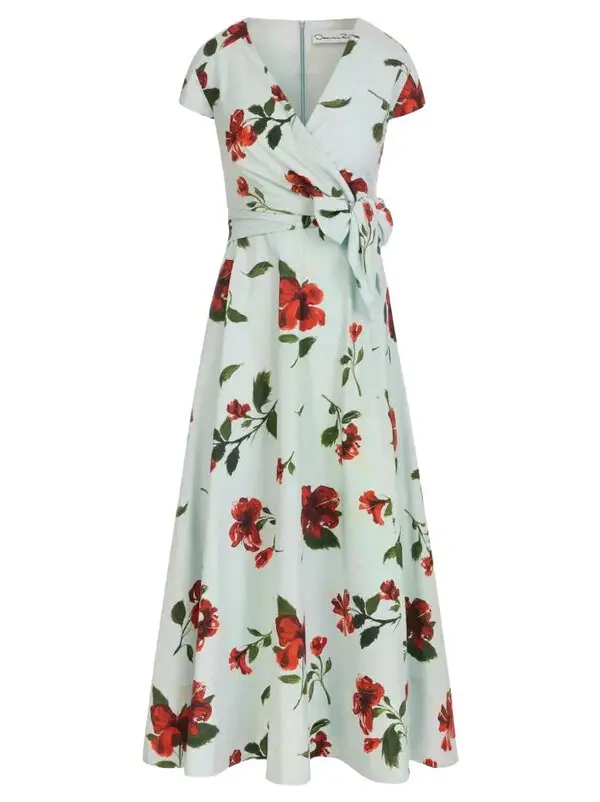 Oscar De La Renta Hibiscus Cotton Poplin Wrap Dress - Blue