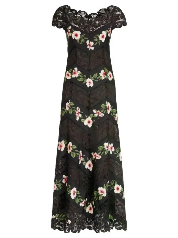 Oscar De La Renta Chiné Hibiscus Floral Lace Midi Dress - Black