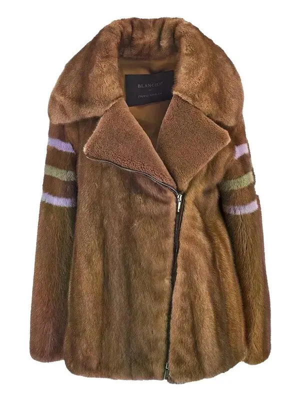 BLANCHA Striped Details Zip-up Faux Fur Coat - Brown