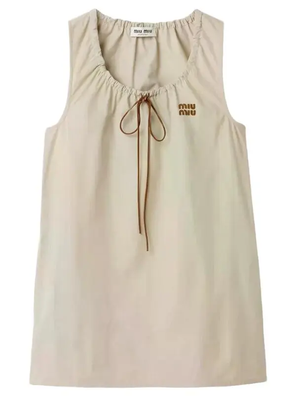 Miu Miu Sleeveless Scoop Neck Panama Cotton Dress With Embroidered Logo - Neutrals