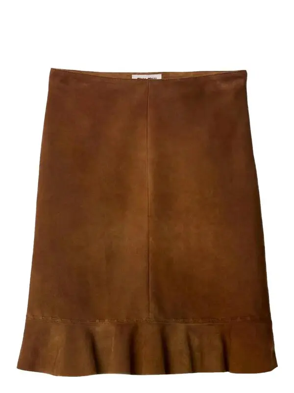 Miu Miu Waxed Suede Skirt With Ruffled Hem - Brown