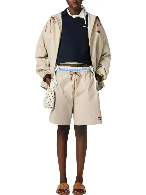 Miu Miu Panama Cotton Bermuda Shorts With Leather Tie Detail - Neutrals