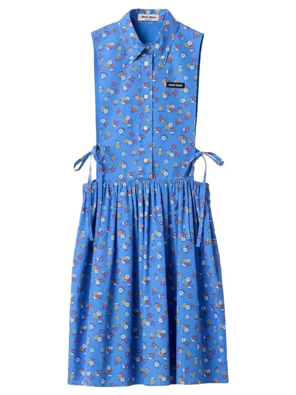 Miu Miu Sleeveless Floral Print Poplin Dress - Blue