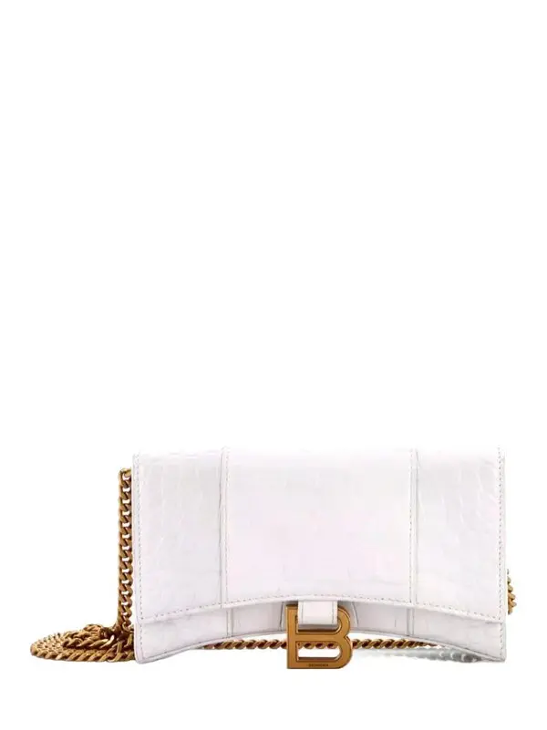 Balenciaga Hourglass Chain Wallet Crocodile Embossed Leather Clutch Bag - White