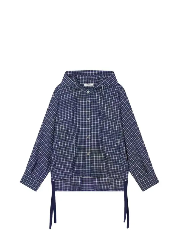 STUDIO TOMBOY Checked Seersucker Drawstring Hem Hoodie - Blue
