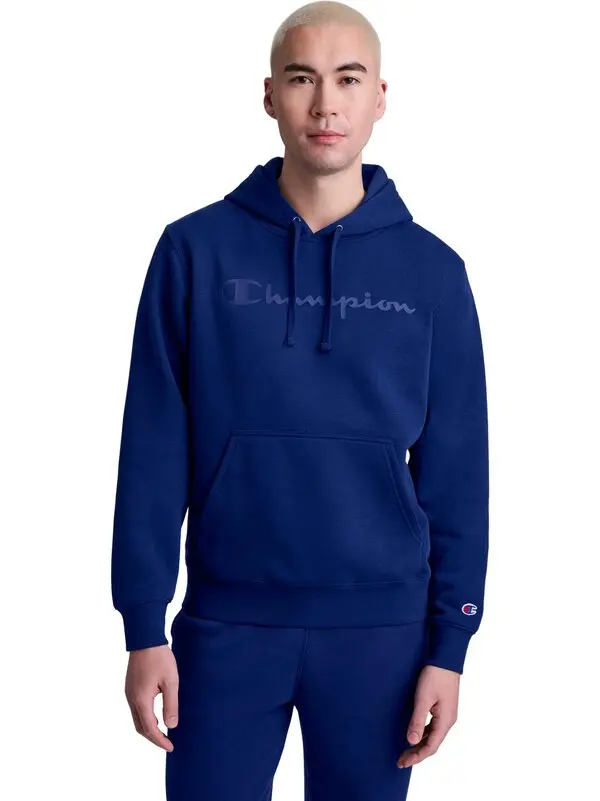 Champion Powerblend Hoodie With Tonal Script Logo - Blue Depth