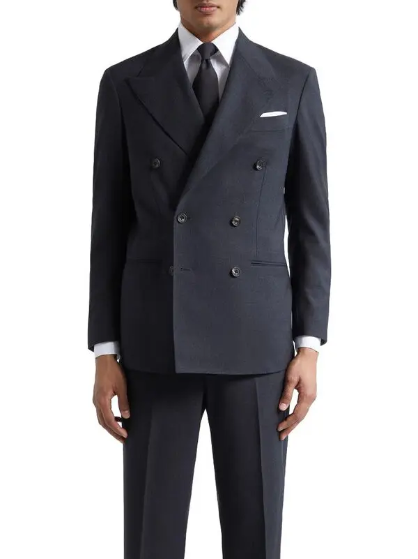 J. MUESER Double Breasted Virgin Wool Hopsack Blazer - Navy